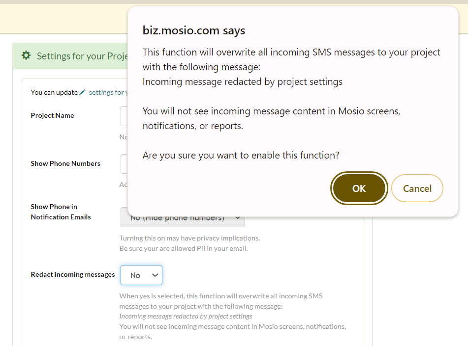 Tools - Project Settings - Redact Incoming Messages – Mosio Mobile ...